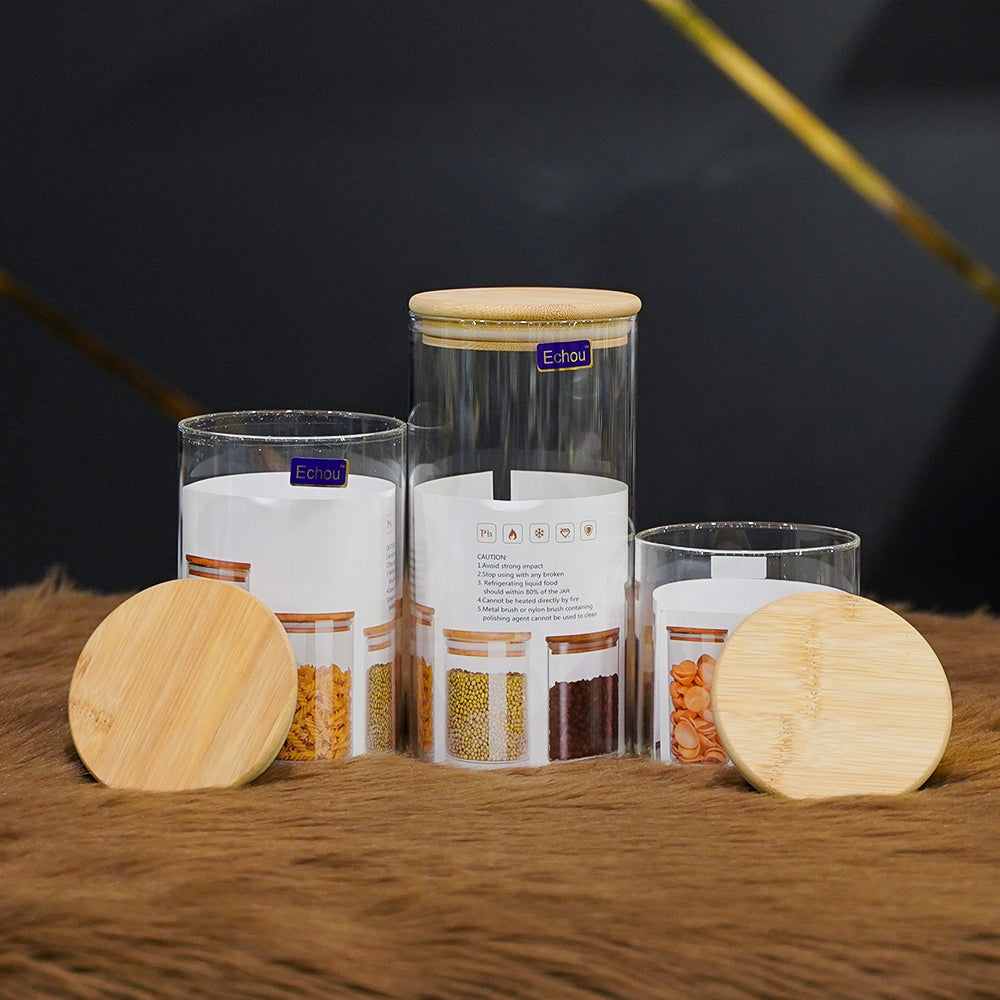 Buy 3 pcs Bamboo Air-tight Glass Storage Jar Set in Pakistan