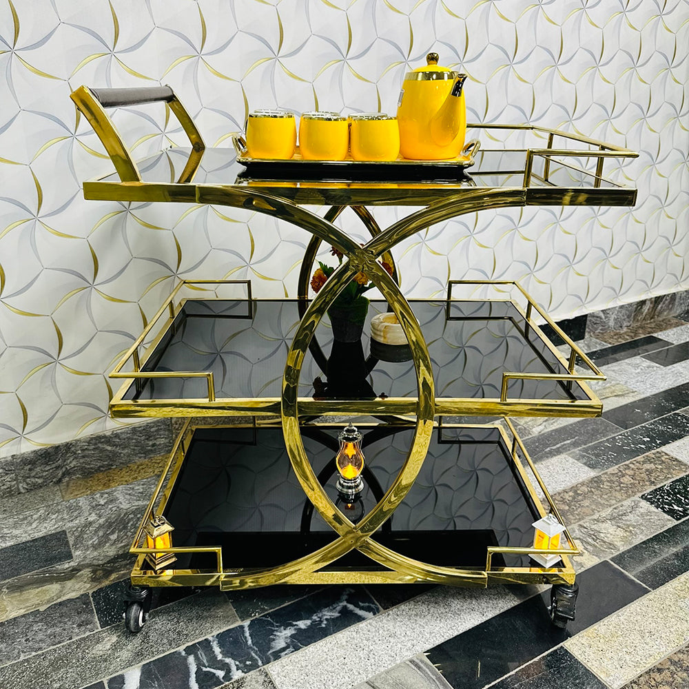 Modern 3 tier tea trolley with black glass shelves | Shaheen's Store